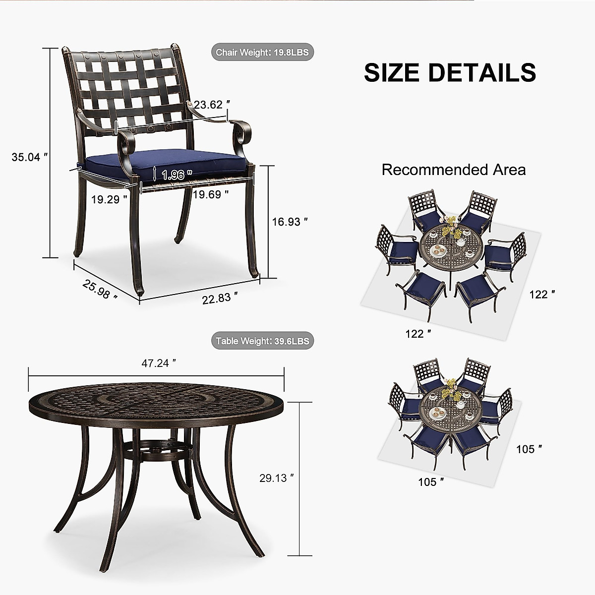 PURPLE LEAF Outdoor Dining Set Cast Aluminum 7-Piece Patio Furniture Set with 6 Dining Armchairs and 47" Round Table, 6 Cushions Included, for Lawn Yard Garden, Lattice Navy Blue Patio Dining Set