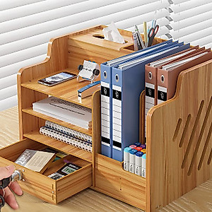 4 Tiers Office Wood Desktop Organizer, A4 Paper File Rack with Vertical Horizontal File Holder, Supplies Storage Box Mail Sorter on Desk Tabletop Binder Folder Letter Trays