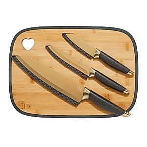 Paris Hilton Reversible Bamboo Cutting Board and Cutlery Set with Matching High Carbon Stainless Steel Knives, Blade Guards, Sleek Yet Comfortable Handle Grips, 7-Piece Set Gold, Charcoal Gray