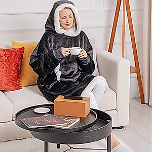 RECYCO Oversized Wearable Blanket Hoodie for Women, Warm Cozy Soft Sherpa Fleece Hoodie Blanket for Men Adults, Thick Big Hooded Sweatshirt Blanket Black, Large Size
