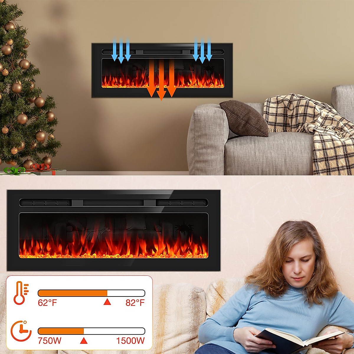Upesitom 36" Electric Fireplace Mirrored Fireplace Heater Recessed & Wall Mounted Electric Fireplace Insert, LED Linear Fireplace with Flame Colors, Remote Control with Timer, 750/1500W