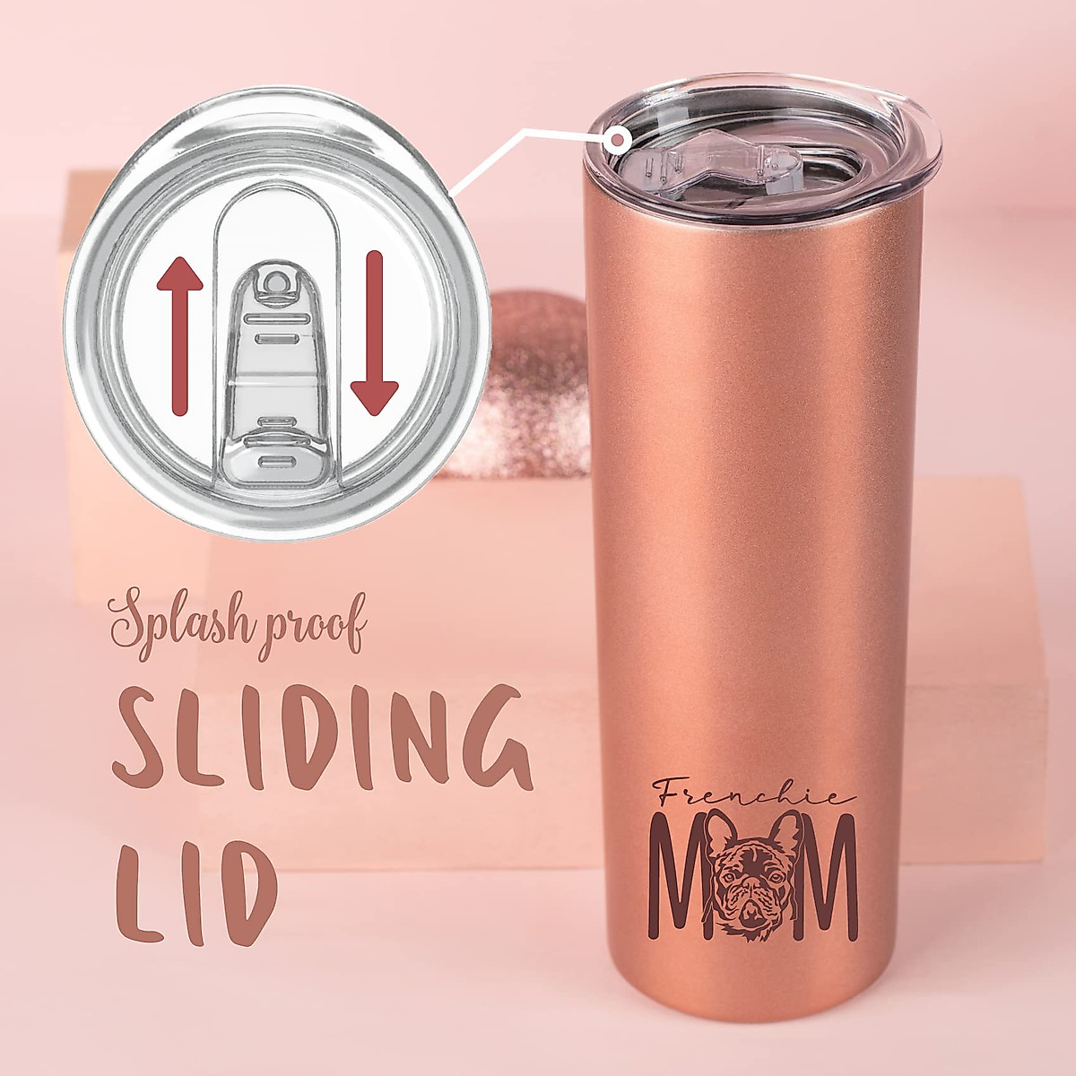 Onebttl Dog Mom Gifts, Dog Lover Gifts for Women, Best Dog Mom Ever, 20 oz Rose Gold Insulated Tumbler - Frenchie Mom