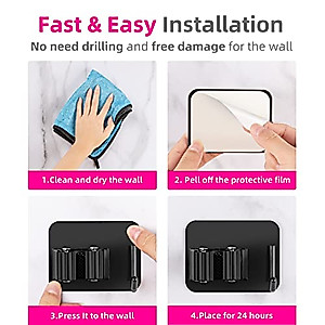 DOMAXCAI 4 Pack Broom Holder Wall Mount, Upgraded Broom Holder, Super Anti-Slip Mop and Broom Holder Wall Mount, Self Adhesive Broom Hanger Gripper for Bathroom, Garage Laundry Room Storage, Black