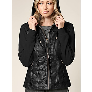 Lock and Love LL WJC1347 Womens Faux Leather Zip Up Moto Biker Jacket with Hoodie XL Black_Black