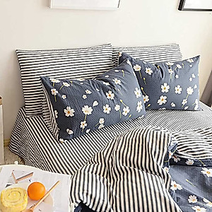 BuLuTu Navy Queen Comforter Cover with Daisy Queen Duvet Cover Set Floral Pattern for Girls 100% Cotton Comforter Cover for Teens,Girls,Ultra Soft Breathable Lightweight