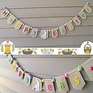 Happy Easter Burlap Banner Decorations, Happy Easter Garland, Easter Decor, Easter Bunting, Easter Bunny Sign, Farmhouse Banner, Easter Decorations For Mantle,Easter Bunny Banner Gift for Kids …