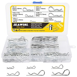 Cotter Pins, 100Pcs Cotter Pin Hairpin Assortment Kit-6 Sizes Zinc Plated Steel R Clip Key Fastener Fitting Set for Lawn Mower Machinery Garage