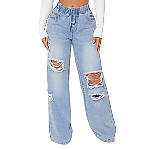 Floerns Women's Drawstring Waist Cut Out Ripper Wide Leg Denim Pants Jeans Light Blue M