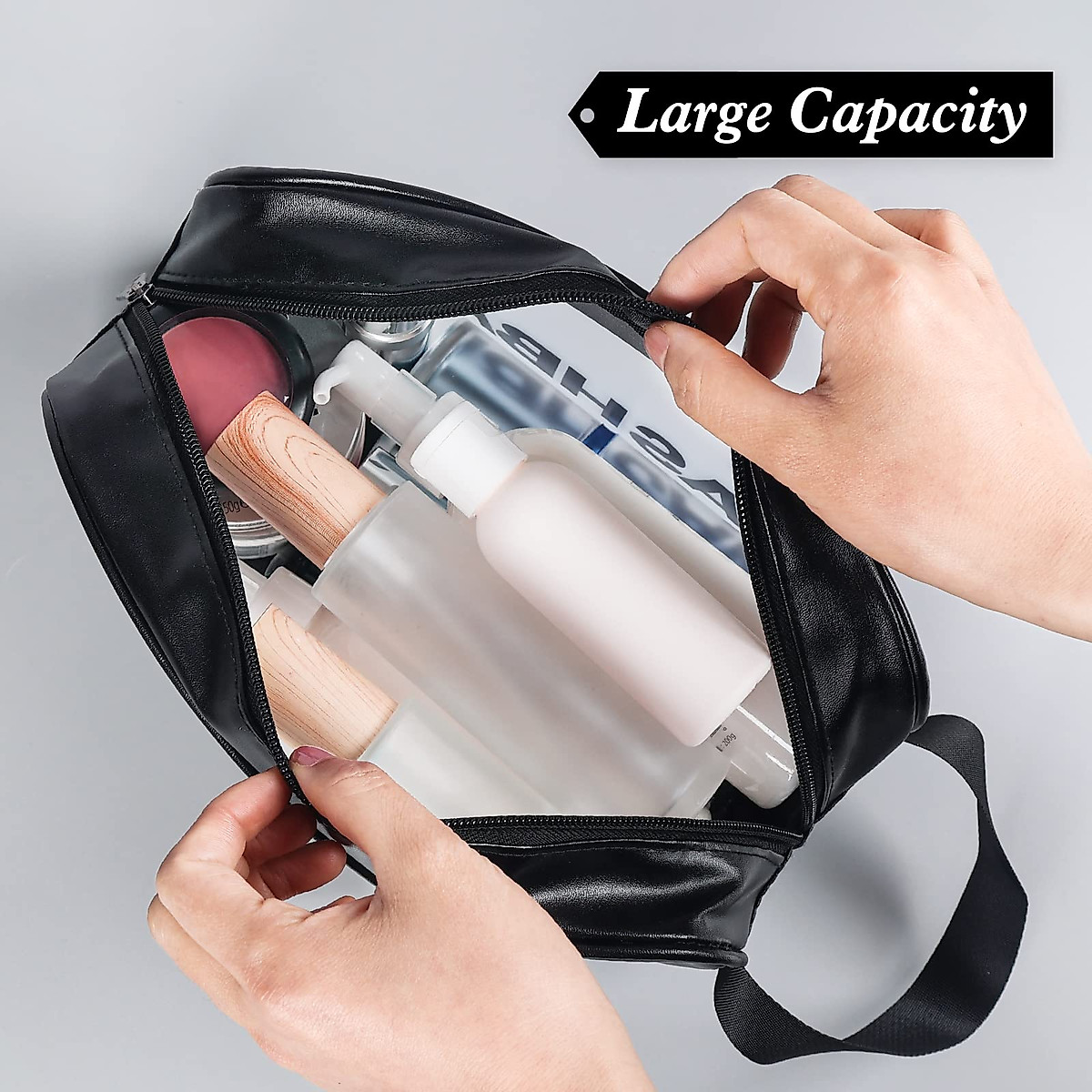 YuanCheng 4pcs PU Leather Portable Toiletry Bags with Handle, Translucent Waterproof travel Make up Bags for Women, Large Capacity Travel Cosmetic Bags
