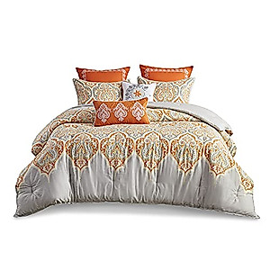 Madison Park Nisha Sateen Cotton Comforter Set, Breathable, Soft Cover, Trendy, All Season Down Alternative Cozy Bedding with Matching Shams, King/ California King, Orange 7 Piece