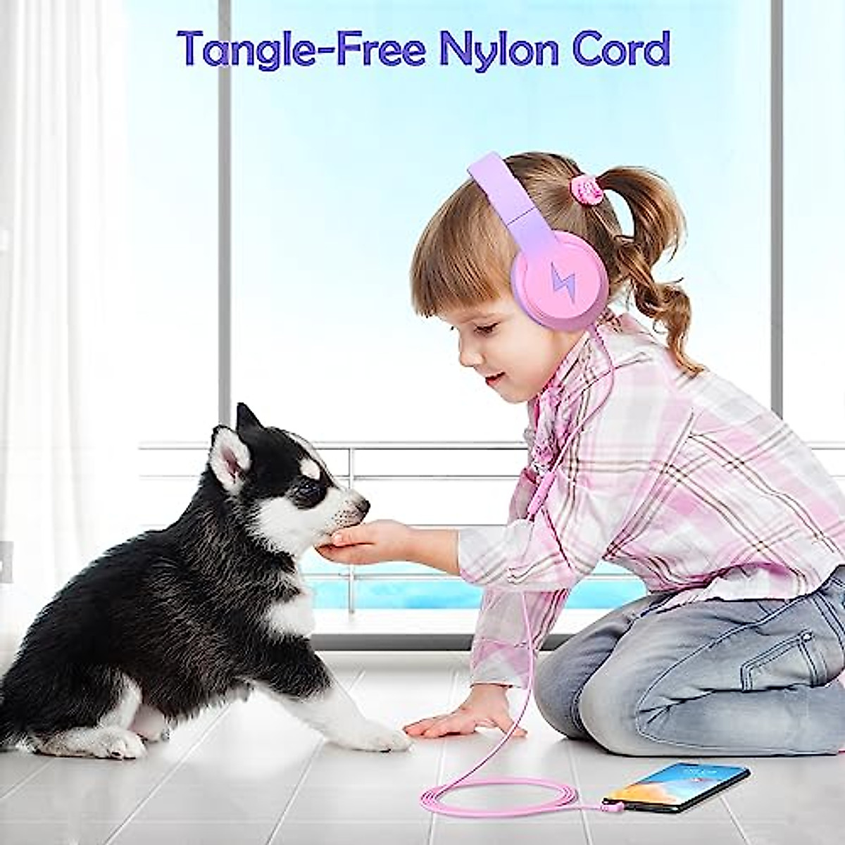 Candy Bila Kids Headphones, Wired Headphones for Kids with Microphone, 85/94dB Volume Limiter Headphones for Girls Boys with Sharing Jack, Foldable Headphones for Online Study, Gradient Red