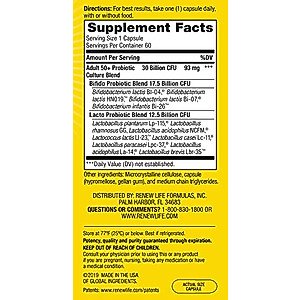 Renew Life Adult Probiotics 50+, 30 Billion CFU Guaranteed, Probiotic Supplement for Digestive & Immune Health, Shelf Stable, Gluten Free, Extra Care, For Men & Women, 60 Capsules