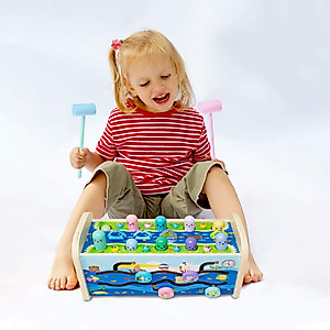 Aomola Wooden Hammering Pounding Toy Bench with Fishing Game, Xylophone, Moving Gears, Clock, Educational Montessori Musical Toys Gifts for Toddlers Kids Baby Boys Girls