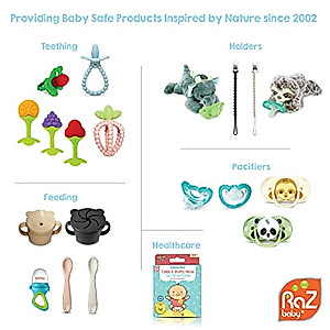 RaZbaby Baby Solids/Frozen Fruit Feeder Pacifier, Infant Teether Toy 6M+, BPA-Free Silicone Pouch & Nipple, Safely Introduce Solids, Teething Relief, Dishwasher Safe, Freezable, 2-Pack – Grey & Tan
