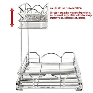 OCG Under Sink Cabinet Organizer Two Tier Pull Out Shelf (14.75W x 21D), Under Sink Sliding Shelf for Kitchen Bathroom Cabinet 2 Tier Chrome