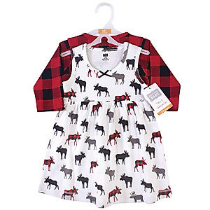 Hudson Baby Girls' Cotton Dress and Cardigan Set, Buffalo Plaid Moose, 6-9 Months