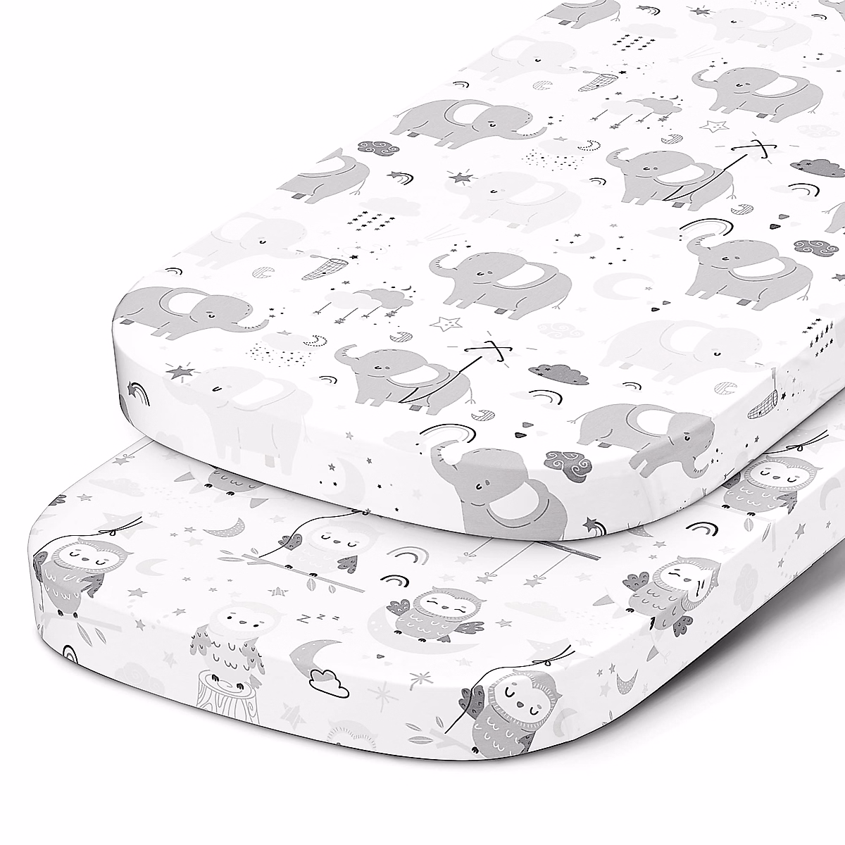 Joey + Joan Bassinet Fitted Sheets 19" x 32" for Cowiewie Bedside Sleeper Bassinet Mattress Pad – Snuggly Soft 100% Jersey Cotton – Grey Stars Elephants – 2 Pack