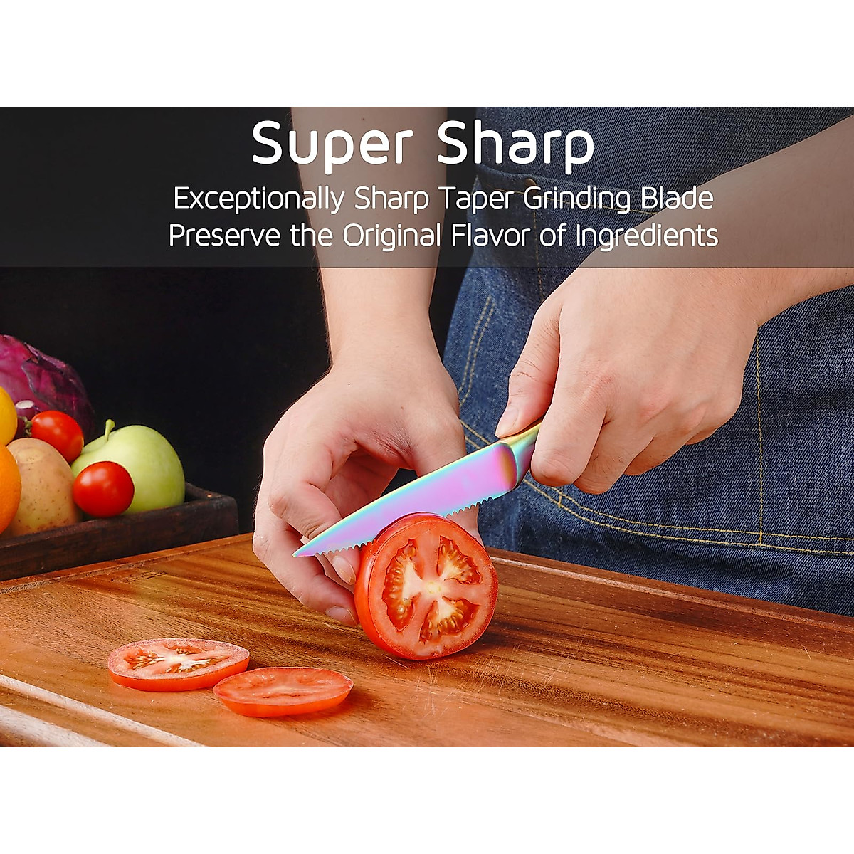 WELLSTAR Utility Knife, 4 Inch Serrated Paring Knife with Super Sharp Rainbow High Carbon Stainless Steel Blade for Fruit Vegetable Cutting Peeling Slicing
