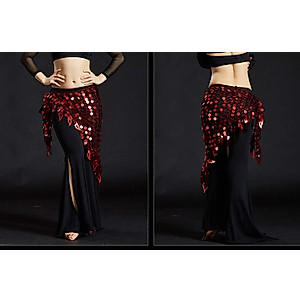 Lauthen.S Women Belly Dance Hip Scarf Sequins Mesh Triangle Wrap Skirt Waist Chain(Wine)