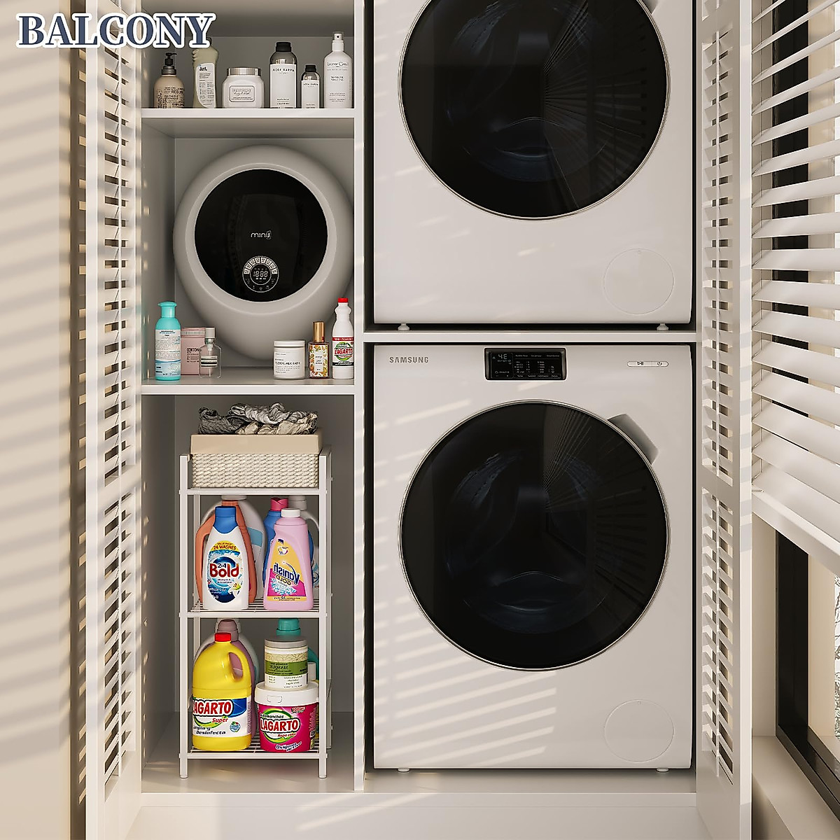 3 Tier Laundry Room Shelves,Multifunctional Shelving Units and Storage with 4 Bottles Storage Hooks and 2 Small Towel Hooks,Bearing Stronger Standing Shelf,White Laundry Room Organization Floor Shelf