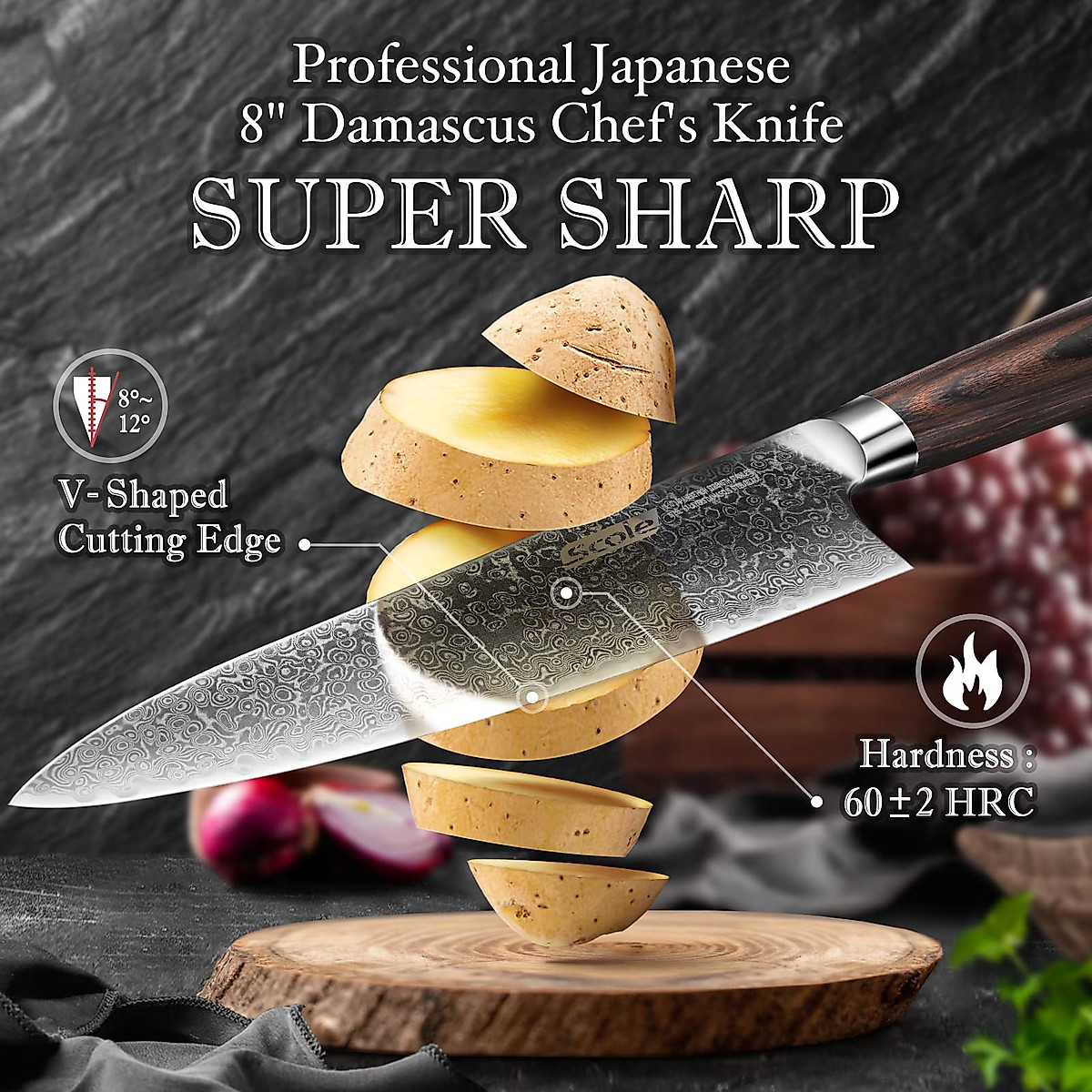 SCOLE® Chef Knife Bundle - Razor Sharp Chefs Knife 8 Inch VG-10 Super Damascus Steel (Natural Pakka Wood Handle) + Ultra Sharp Kitchen Knife Set 7-Piece (Triple Rivet Handle) (2 Items Bundle)