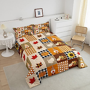 Manfei Retro Plaid Splicing Comforter Set with 2 Pillowcases,Thanksgiving Theme Sunflower Pumpkin Super Soft Microfiber Bedding Set for Adults Teens,Rustic Farmhouse Duvet Set for Room Decor,King