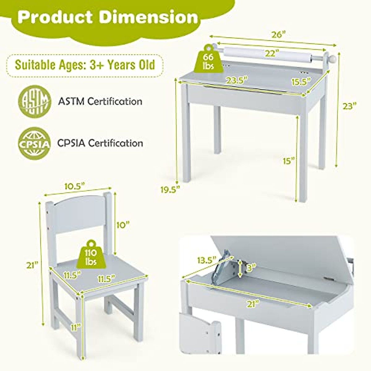 HONEY JOY Kids Table and Chair Set, Wooden Lift-Top Desk & Chair with Storage, Paper Roll Holder & Pen Slot, Activity Table Set for Craft Art, Children Furniture Set for Daycare, Playroom (Gray)