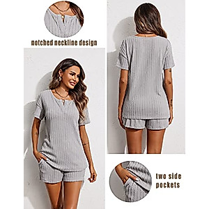 Ekouaer Ribbed Knit Lounge Sets for Women 2 Piece Outfits Short Sleeve Top and Shorts Pajama Sets Tracksuit Sweatsuits Grey