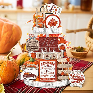 Huwena 16 pcs Thanksgiving Tiered Tray Decor Thanksgiving Gnome Truck Pumpkins Wood Sign Table Centerpieces Rustic Farmhouse Decorative Trays for Table Kitchen Wall Decorations