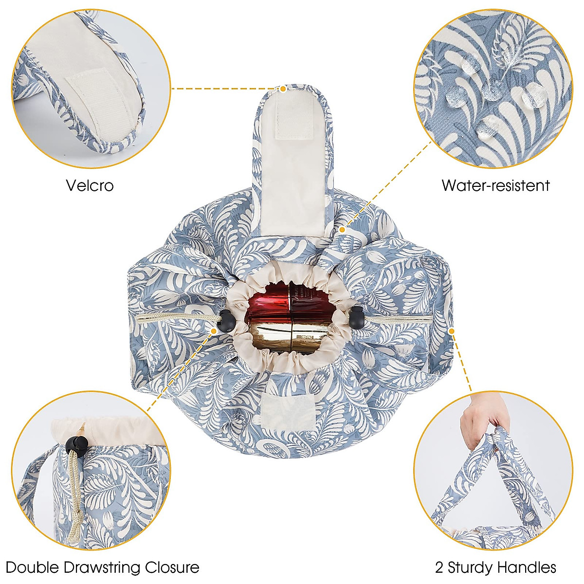 Barrel Drawstring Makeup Bag Large Cosmetic Bag Make up Bags Toiletry Organizer for Women (Blue Leaf) (Patent Pending)