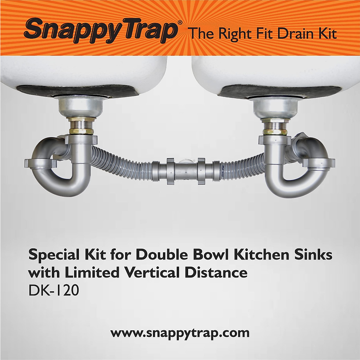 Snappy Trap Special Kit for Double Kitchen Sinks with Limited Vertical Distance between Sink Strainers and Wall Drainpipe