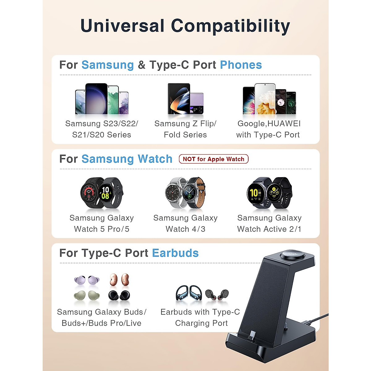 Charging Station for Samsung and Android Devices 3-in-1 Charging Stand for Galaxy S23 S22 S21 Z Flod Flid Wireless Charger for Galaxy Watch