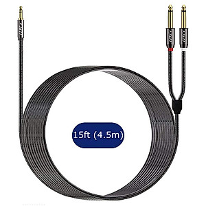 J&D 3.5mm 1/8 inch TRS Male to Dual 6.35mm 1/4 inch TS Male Mono Stereo Y-Cable Splitter for Amplifiers/Mixer Audio Recorder, Zinc Alloy Housing, Nylon Braid, Gold Plated Copper Shell, 15 Feet