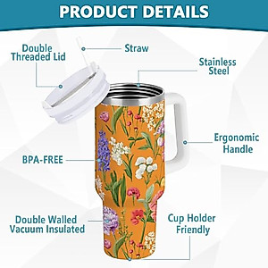 linqin Flower Peony Orange Vacuum Tumbler Insulated with Straw Lid 30 oz Water Bottle with Handle Reusable Mug with Handle for Water, Iced Tea or Coffee