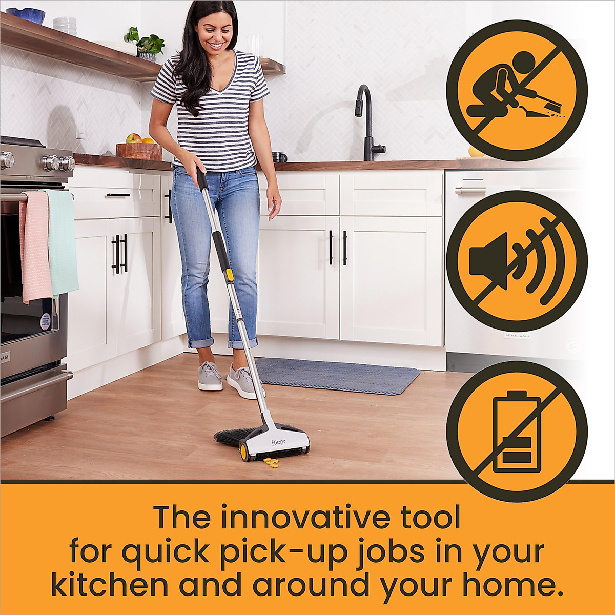 Flippr Sweeper Broom with Integrated Dustpan – Flip Between Broom and Sweeper – One Convenient Tool for Quick Cleanups - No Bending Down, Lightweight, No Noise