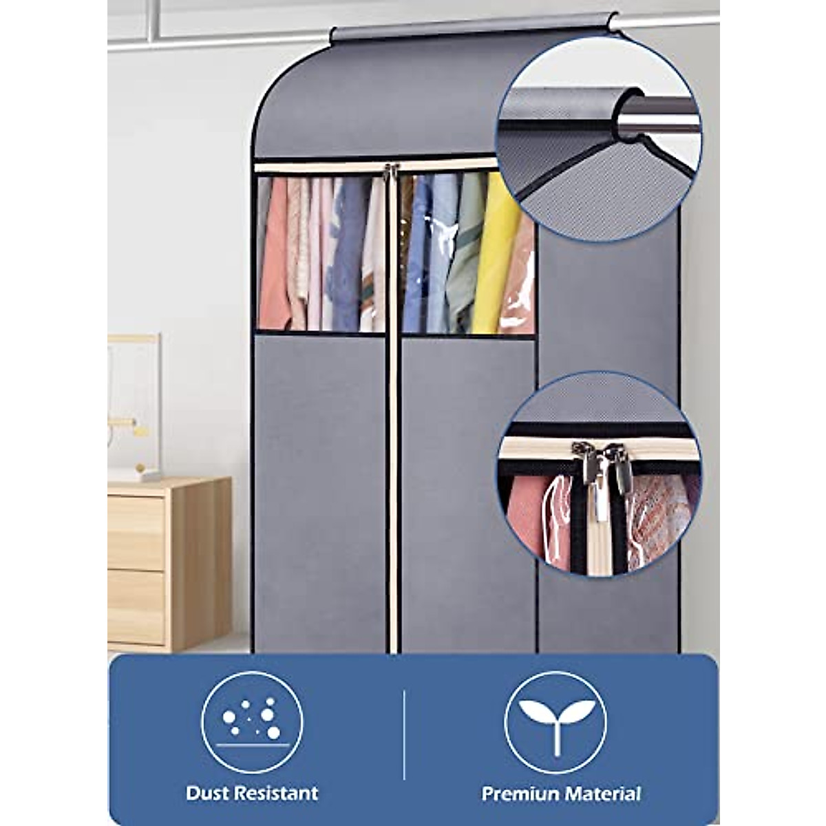 SLEEPING LAMB 54'' Hanging Garment Bags for Closet Storage Sealed Completely Jackets Coats Suits Clothes Rack Cover for Wardrobe with Clear PVC Window, 2 Packs, Grey(Hanging Rod Not Included)