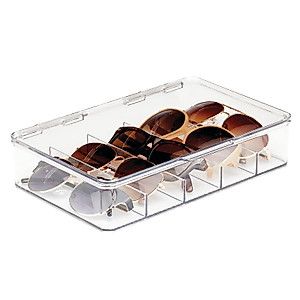 mDesign Plastic Stackable Eyeglass Case Storage Organizer with Hinged Lid for Unisex Sunglasses, Reading Glasses, Fashion Eye Wear, Protective Glasses, 5 Sections, Ligne Collection - Clear