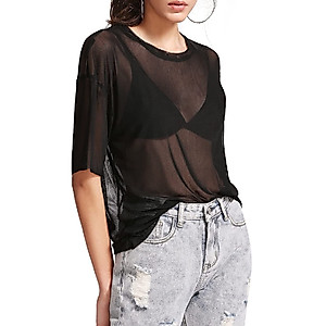 MakeMeChic Women's Summer Short Sleeve Tops See Through Mesh Sheer Sexy T Shirt Blouse A Black M