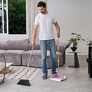 Broom and Dustpan Set, Outdoor Broom Dustpan Combo Set Home Commercial Cleaning Supplies Angle Broom with Long Handle Perfect for Courtyard Garage Street Pink