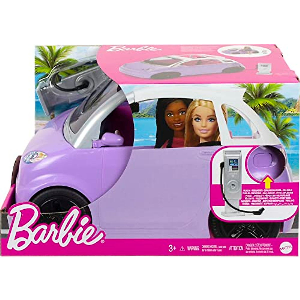 Barbie Toy Car "Electric Vehicle" with Charging Station, Plug and Sunroof, Purple 2-Seater Transforms Into Convertible (Amazon Exclusive)