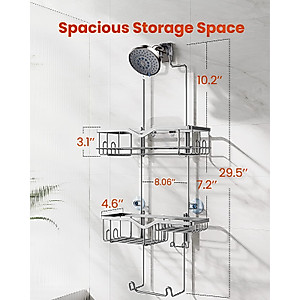 Amada Hanging Shower Caddy, Shower Caddy Over Shower Head, Rustproof Stainless Steel Shower Organizer with Soap Holder & Hooks, Shower Rack for Shampoo, Sponges, Towels, No Drilling Required, Silver