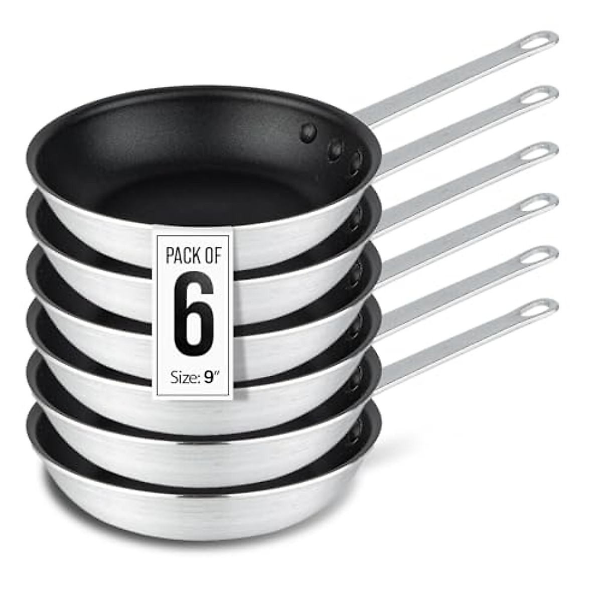 Restaurantware Met Lux 9 Inch Fry Pans, Set Of 6 No-Stick Frying Pans - Induction-Ready, Triple-Riveted, Black Aluminum Cooking Skillets, Durable, For Searing, Sautéing, And Browning Food