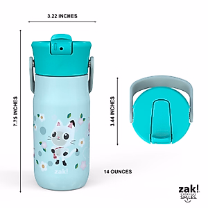 Zak Designs Harmony Gabby's Dollhouse Kid Water Bottle for Travel, 14oz Recycled Stainless Steel, Leak-Proof When Closed and Vacuum Insulated (Pandy Paws, Cakey Cat, Mercat, Kitty Fairy)