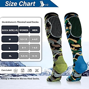 Merino Wool Ski Socks 2 Pairs, Thermal Knee High Warm Socks for Snowboarding, Hiking, Cold Weather, Snow, Hunting