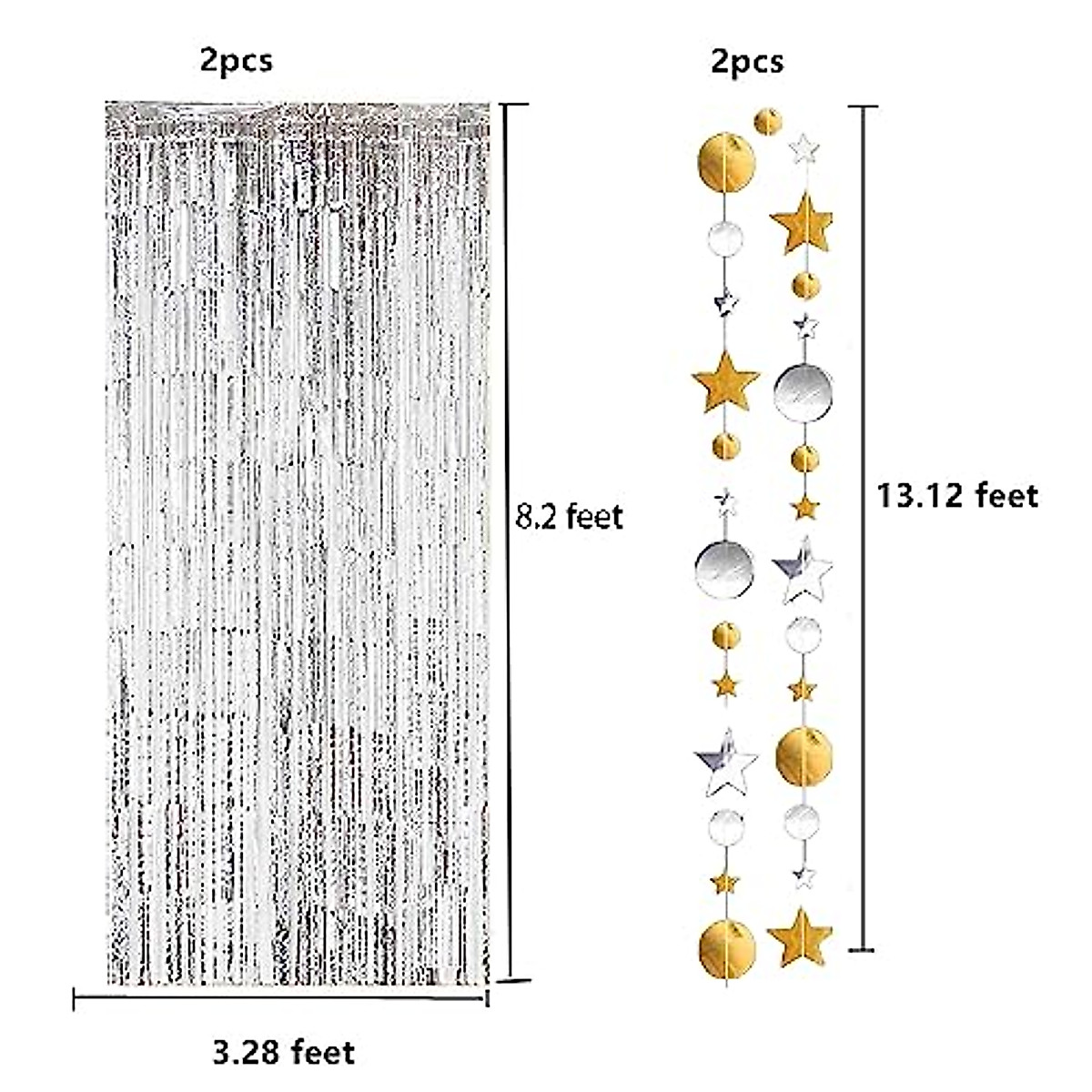 6.6x8.2 Feet Silver Foil Tinsel Fringe Backdrop Curtains with 26.2 Feet Circle Star Paper Garland Door Party Streamer for Birthday Bachelorette Bride Baby Shower Wedding Graduation Party Decorations