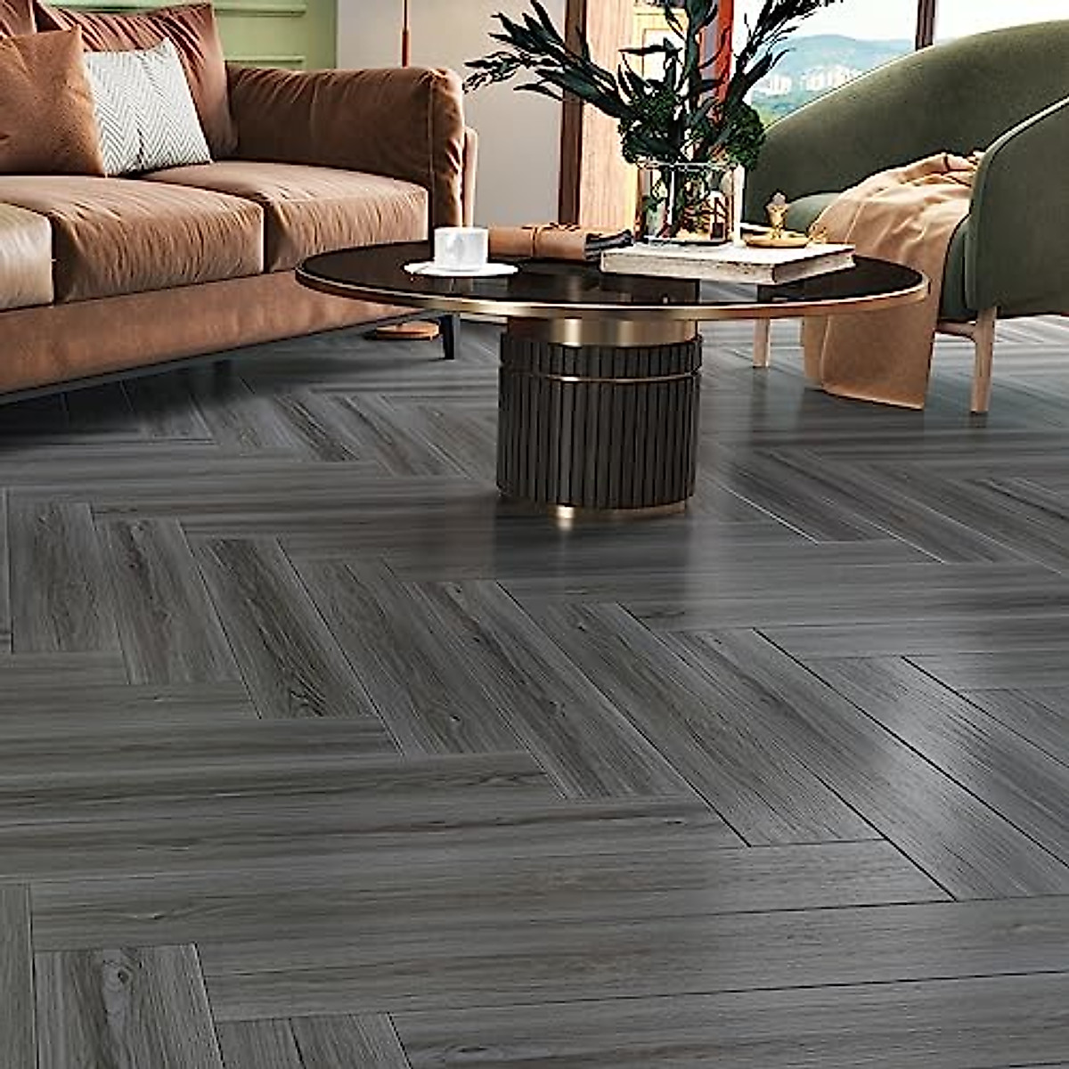 Skyblur Dark Grey Wood Planks Peel and Stick Floor Tile Stickers for Bathroom Bedroom DIY Vinyl Plank Tiles for Kitchen Waterproof Self Adhesive Flooring 35x6 Inch 4 Sheets