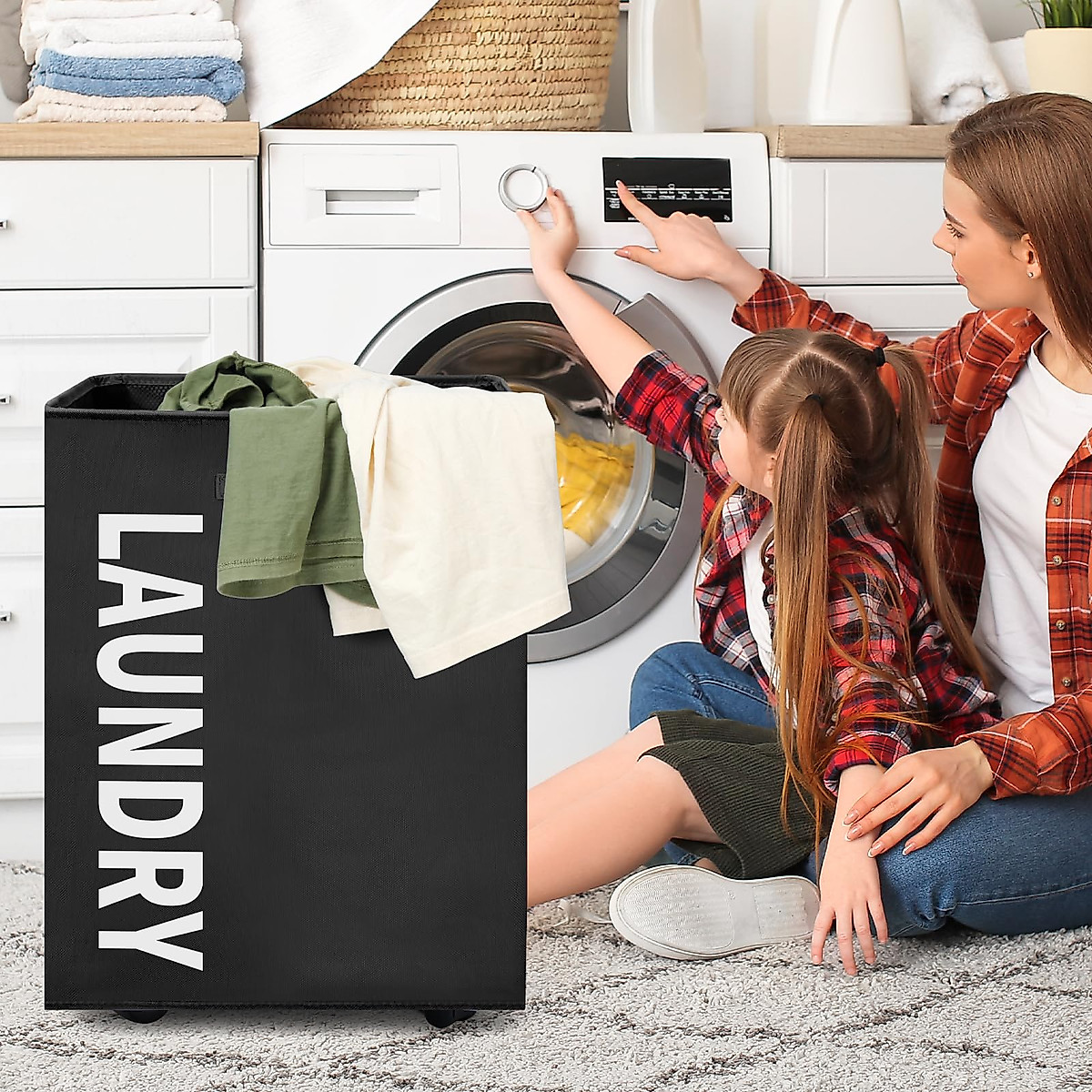 Rolling Laundry Hamper Slim Large, Oxford Cloth With Mesh Lining, Portable Stand, Stylish Minimalist Folding Storage Basket With Rollers (Black1)