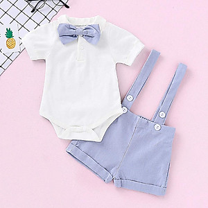 bilison Baby Boy Clothes Gentleman Bowtie Romper and Overalls Suspenders Pants Wedding Tuxedo Outfits(blue,0-6m)