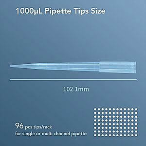 VISOSCI 1000ul Pipette Tips - Universal Pipette Tips - Racked, RNase/DNase Free & Pyrogen Safe, Blue, 96 Tips/Rack