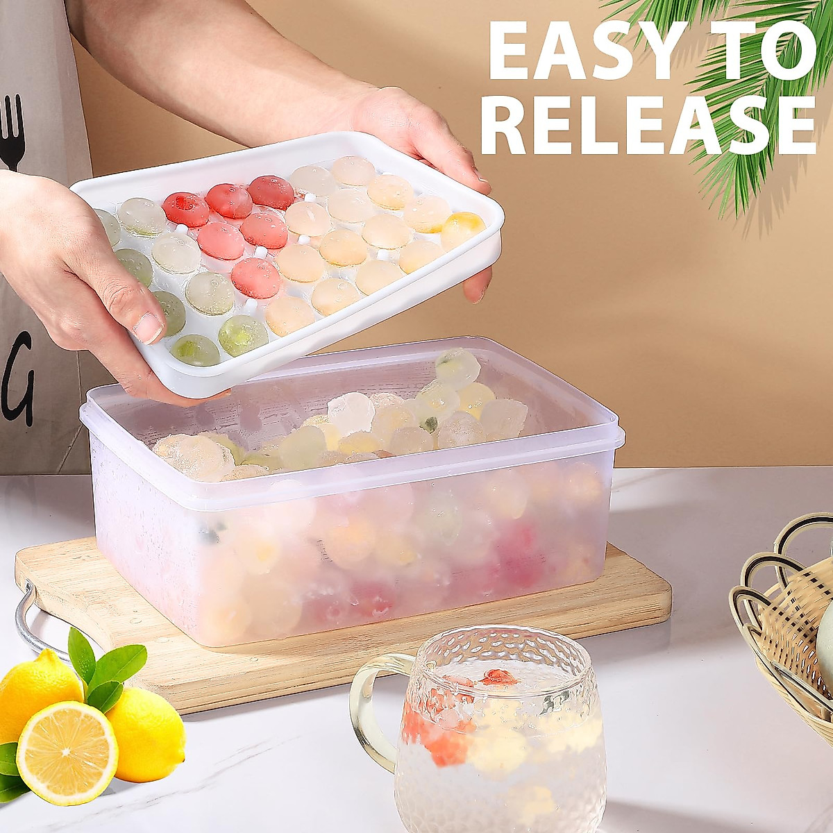 Ice Cube Tray, Silicone Apple Ice Ball Trays Maker, White Small Round Ice Mold for Cocktail, Juice, Whiskey, Freezer, Keep Drink Chille - Easy Release, ROHS and FDA (2 Ice Trays&1 Ice Box&1 Ice Scoop)